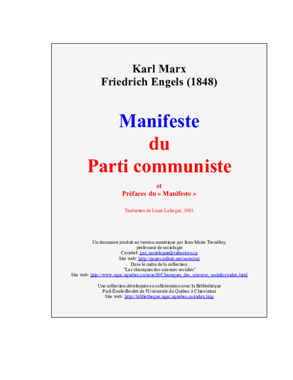 (PDF) Manifeste du Parti communiste et Préfaces du « Manifeste