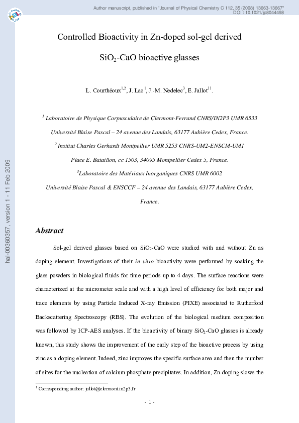 (PDF) Controlled Bioactivity in Zinc-Doped Sol−Gel-Derived Binary Bioactive Glasses