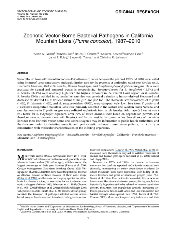 (PDF) Zoonotic Vector-Borne Bacterial Pathogens in California Mountain ...