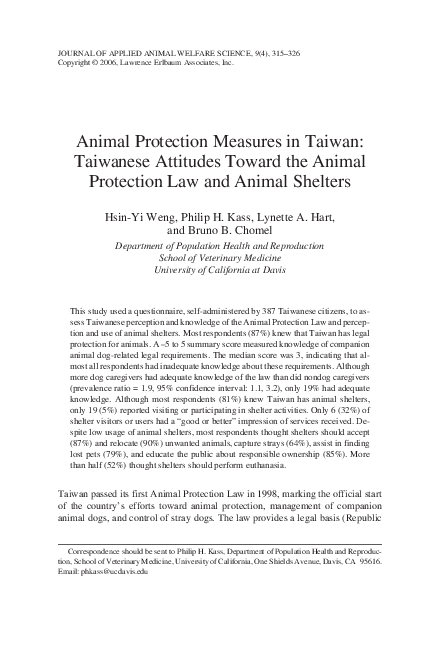 (PDF) Animal Protection Measures in Taiwan: Taiwanese Attitudes Toward ...