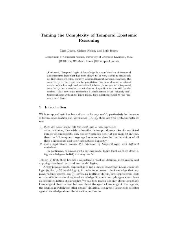 (PDF) Taming the complexity of temporal epistemic reasoning