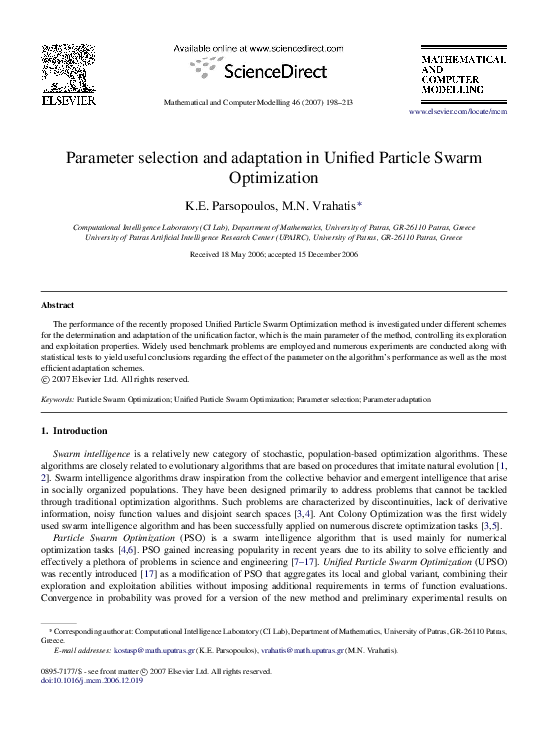 Pdf Parameter Selection And Adaptation In Unified Particle Swarm Optimization Michael