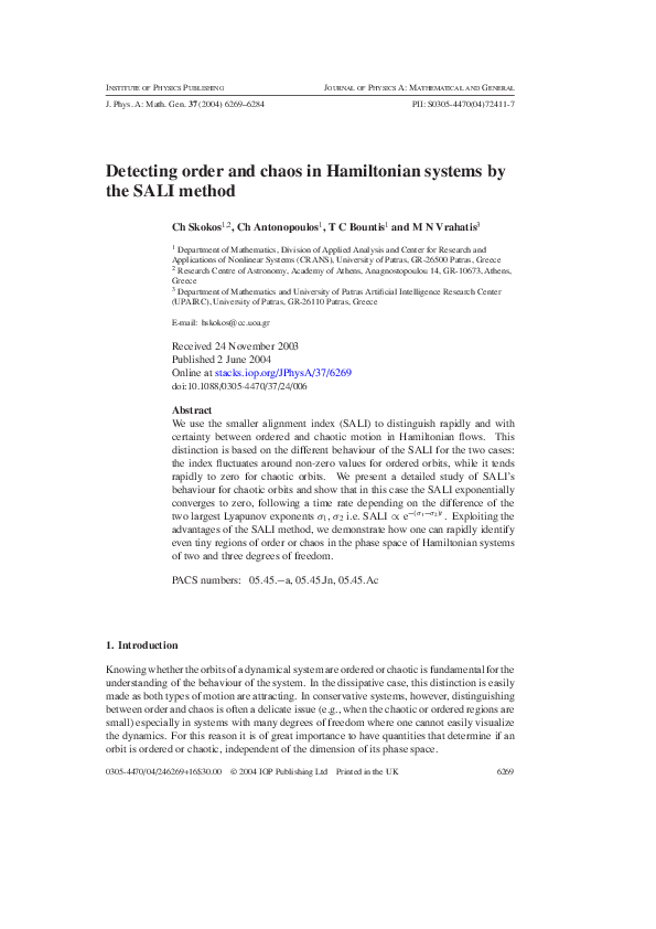 (PDF) Detecting order and chaos in Hamiltonian systems by the SALI method