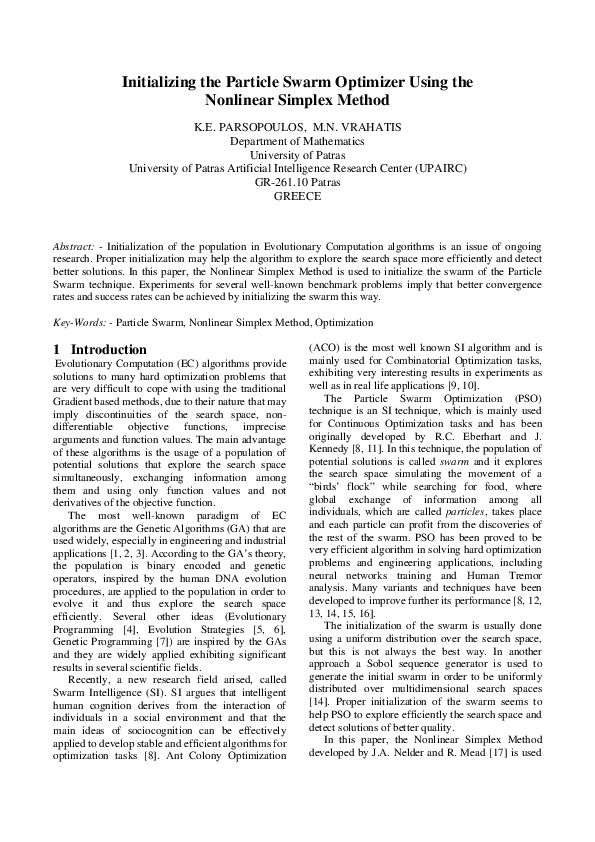 Pdf Initializing The Particle Swarm Optimizer Using The Nonlinear Simplex Method