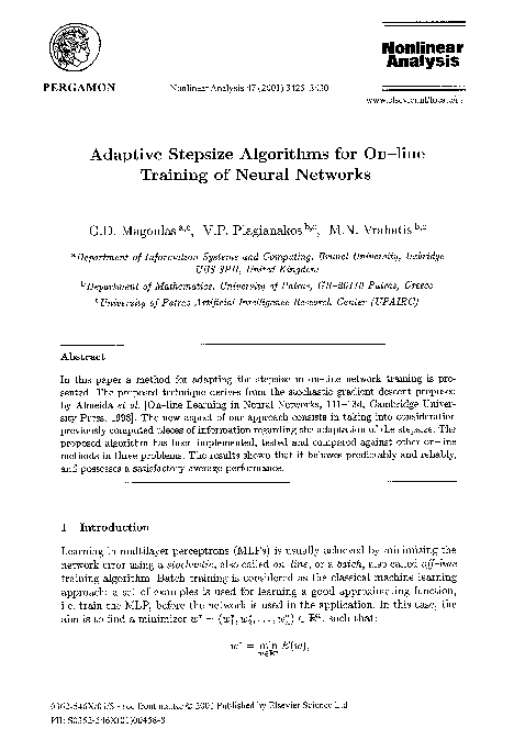 Pdf Adaptive Stepsize Algorithms For On Line Training Of Neural Networks