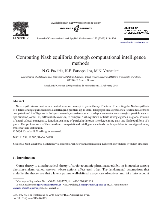 (PDF) Computing Nash equilibria through computational intelligence methods | Michael Vrahatis ...