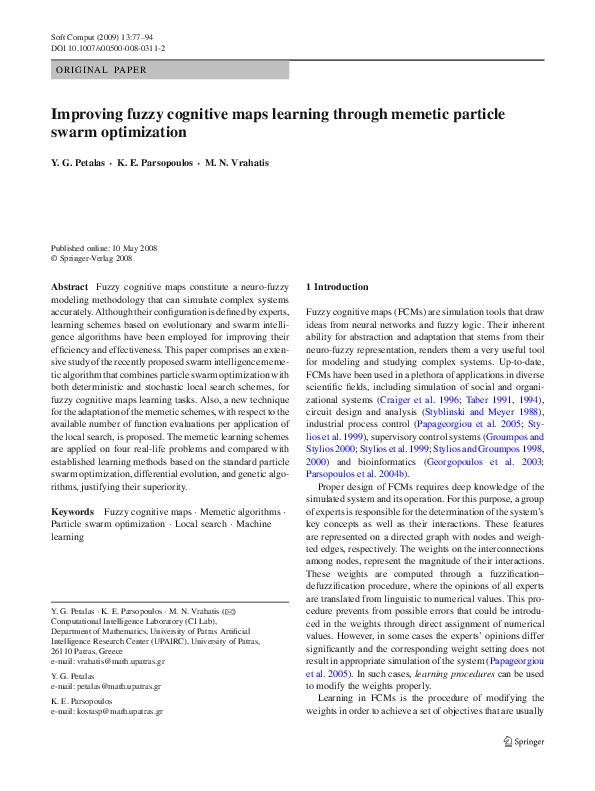 (PDF) Improving fuzzy cognitive maps learning through memetic particle swarm optimization