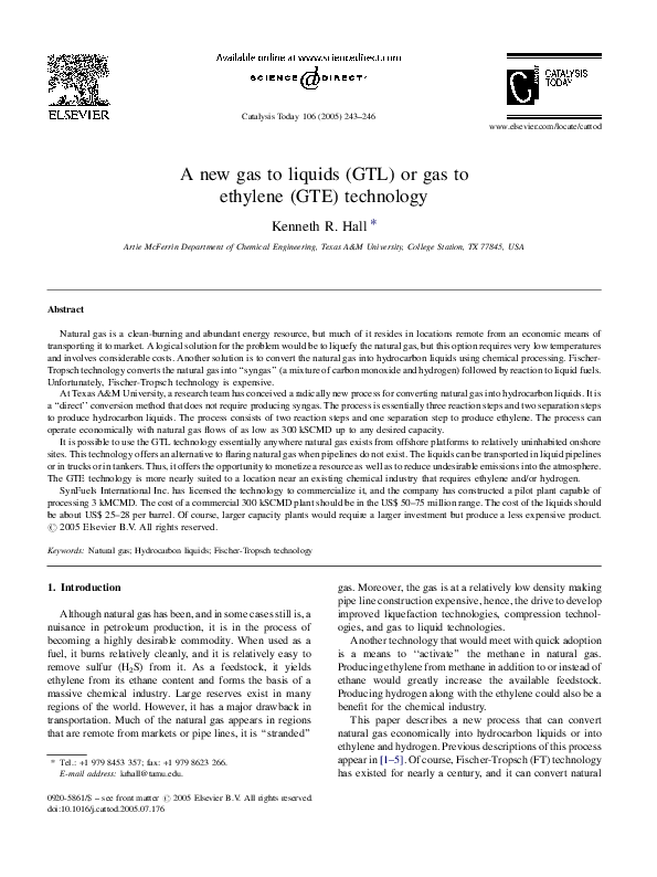 (PDF) A new gas to liquids (GTL) or gas to ethylene (GTE) technology