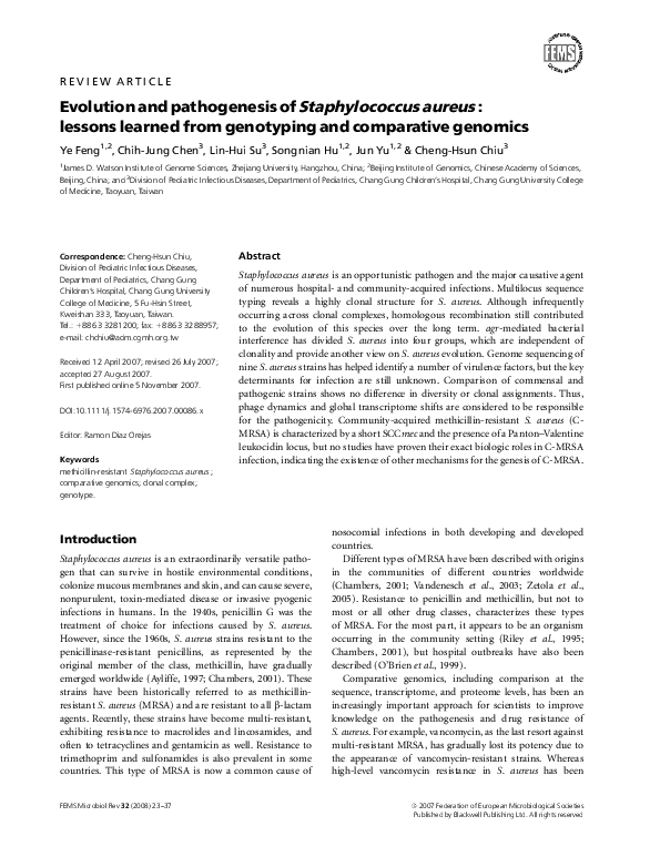 (PDF) Evolution and pathogenesis of Staphylococcus aureus : lessons learned from genotyping and ...