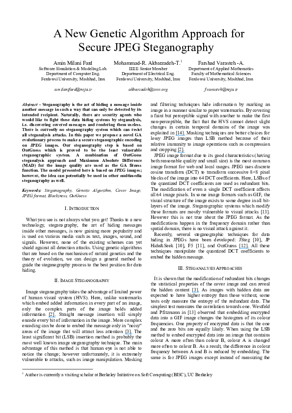Pdf A New Genetic Algorithm Approach For Secure Jpeg Steganography