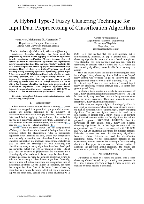 Pdf A Hybrid Type 2 Fuzzy Clustering Technique For Input Data Preprocessing Of Classification