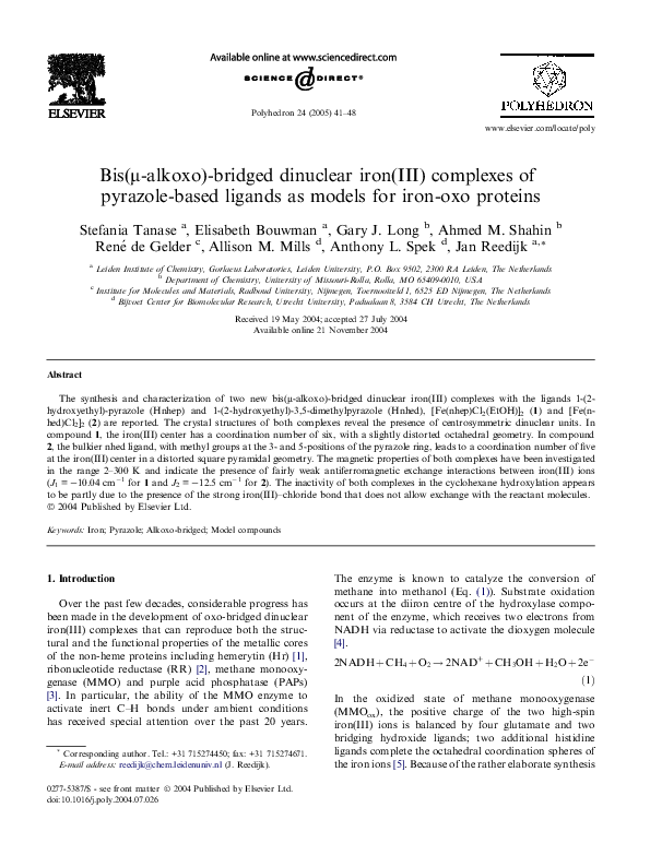 (PDF) Bis ([mu]-alkoxo)-bridged dinuclear iron (III) complexes of pyrazole-based ligands as ...