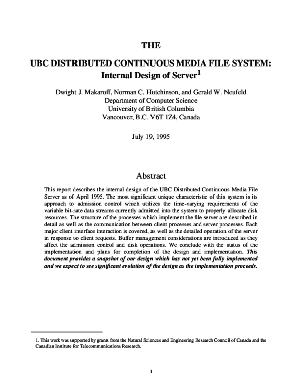 (PDF) UBC DISTRIBUTED CONTINUOUS MEDIA FILE SYSTEM: Internal Design of Server1