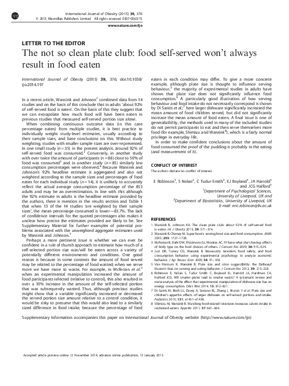 (PDF) The not so clean plate club: food self-served won't always result ...