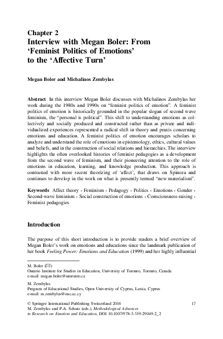 (PDF) Interview with Megan Boler: From 'Feminist Politics of Emotions ...