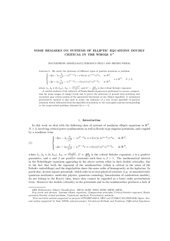 Pdf Some Remarks On Systems Of Elliptic Equations Doubly Critical In The Whole
