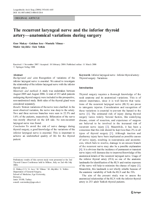 (PDF) The recurrent laryngeal nerve and the inferior thyroid artery ...