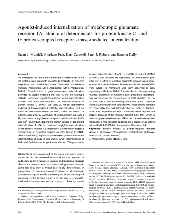 (PDF) Agonist-induced internalization of the metabotropic glutamate ...