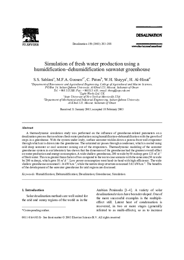 (PDF) Simulation of fresh water production using a humidification-dehumidification seawater ...