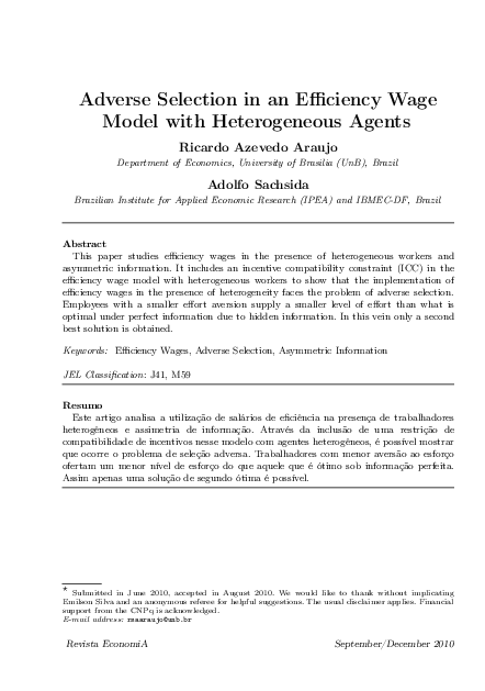 (PDF) Adverse Selection in an Efficiency Wage Model with Heterogeneous ...