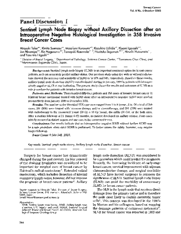 Pdf Sentinel Lymph Node Biopsy Without Axillary Dissection After An Intraoperative Negative