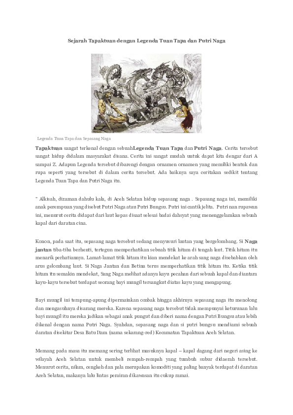 (DOC) Sejarah Tapaktuan dengan Legenda Tuan Tapa dan Putri Naga