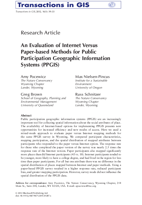 (PDF) An Evaluation of Internet Versus Paper-based Methods for Public Participation Geographic ...