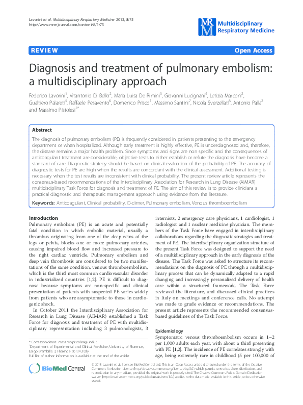 (PDF) Diagnosis and treatment of pulmonary embolism: a multidisciplinary approach