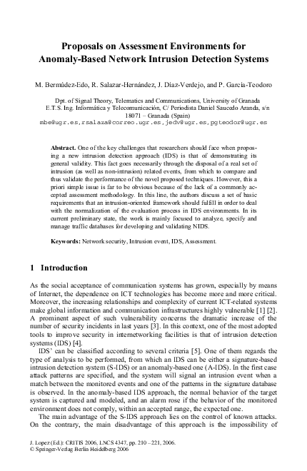 (PDF) Proposals on Assessment Environments for Anomaly-Based Network Intrusion Detection Systems