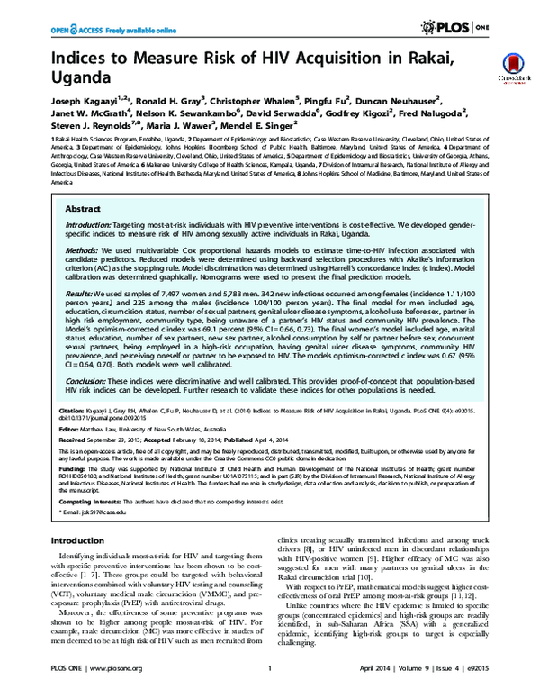 (PDF) Indices to Measure Risk of HIV Acquisition in Rakai, Uganda