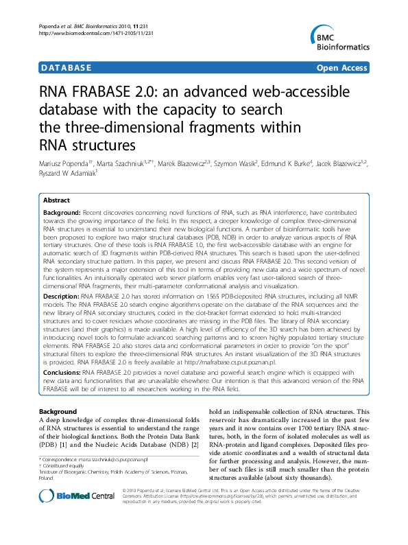(PDF) RNA FRABASE 2.0: an advanced web-accessible database with the capacity to search the three ...