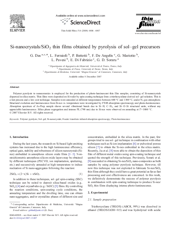 (PDF) Si-nanocrystals/SiO2 thin films obtained by pyrolysis of sol–gel precursors