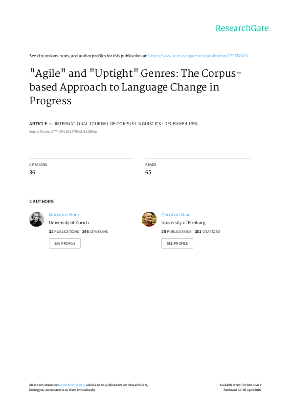 (PDF) 'Agile' and 'Uptight' Genres: The Corpus-based Approach to Language Change in Progress ...