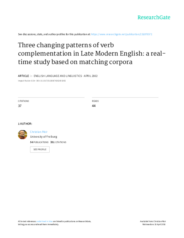 (PDF) "Three Changing Patterns of Verb Complementation in Late Modern English: A Real-Time Study ...