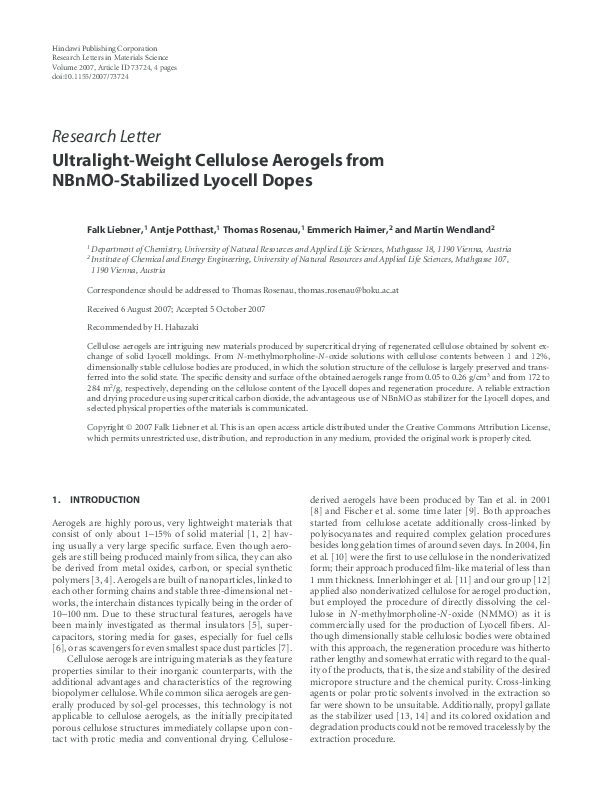 (PDF) Ultralight-Weight Cellulose Aerogels from NBnMO-Stabilized ...