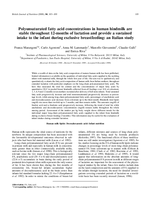 (PDF) Polyunsaturated fatty acid concentrations in human hindmilk are stable throughout 12 ...