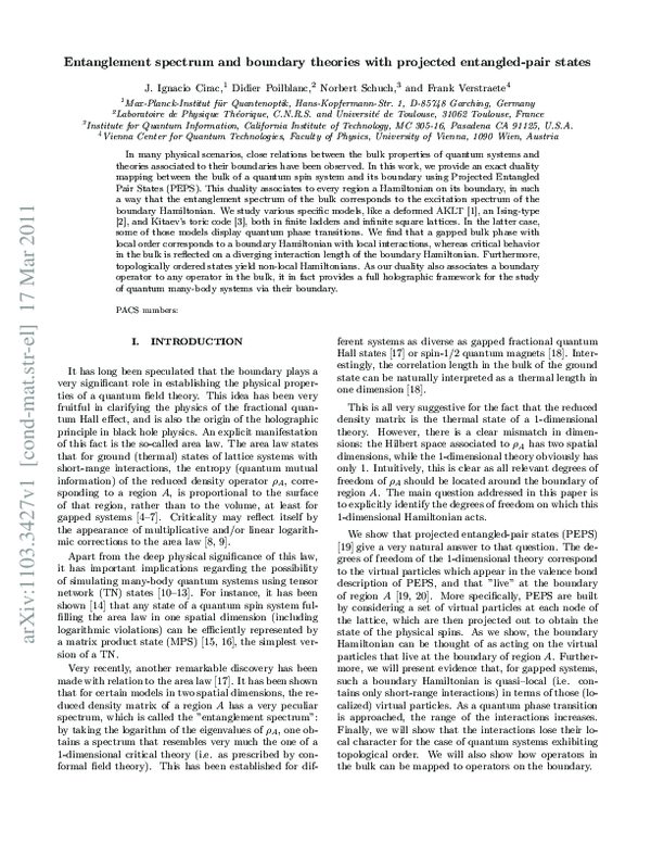 Pdf Entanglement Spectrum And Boundary Theories With Projected Entangled Pair States
