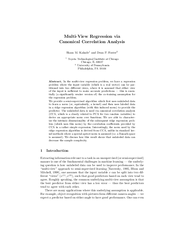 (PDF) Multi-view Regression Via Canonical Correlation Analysis
