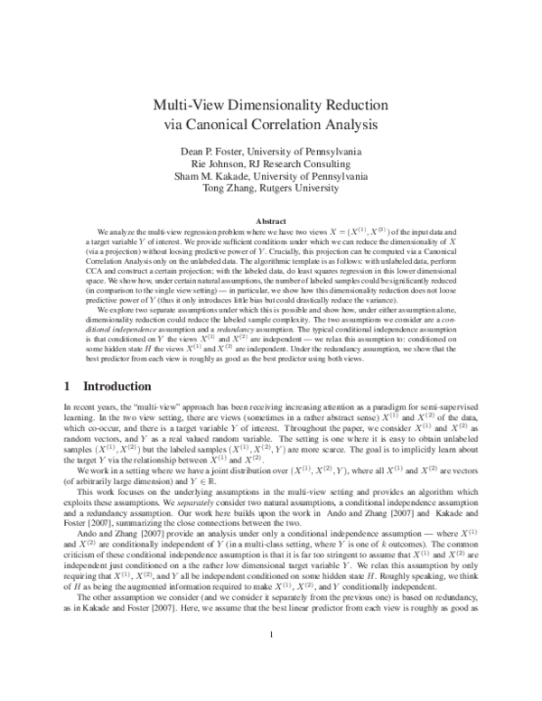 (PDF) Multi-view dimensionality reduction via canonical correlation analysis