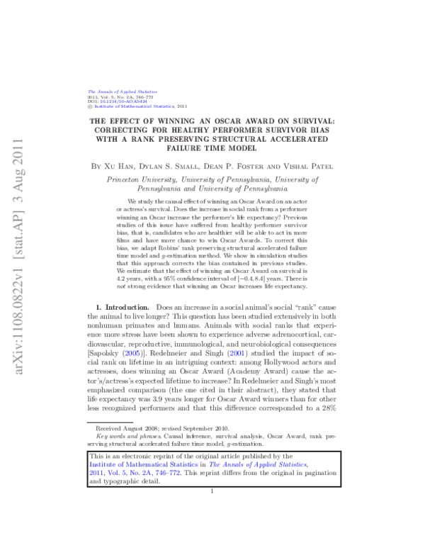 (PDF) The effect of winning an Oscar Award on survival: Correcting for ...