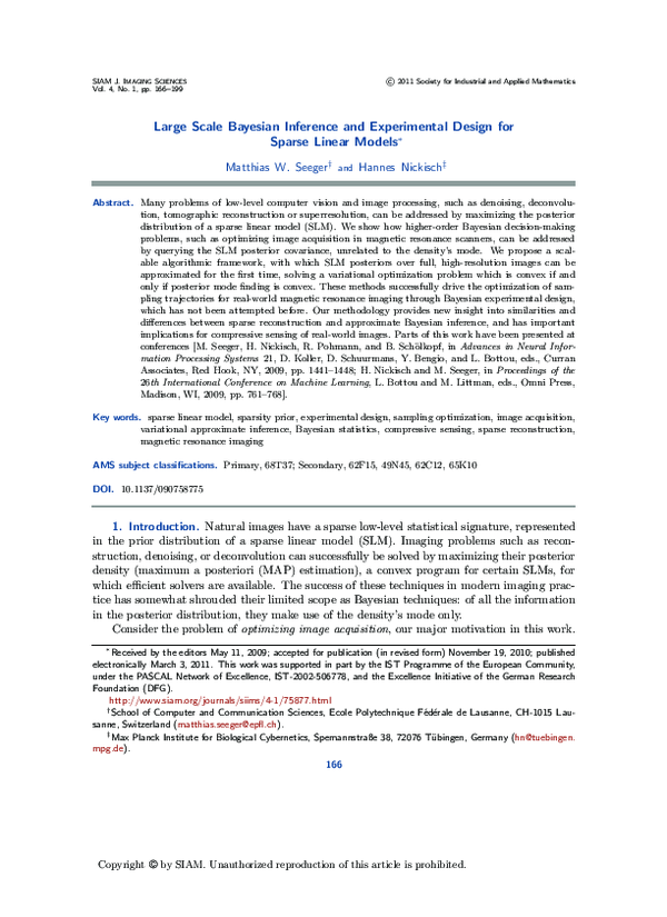 Pdf Large Scale Bayesian Inference And Experimental Design For Sparse Linear Models Dean