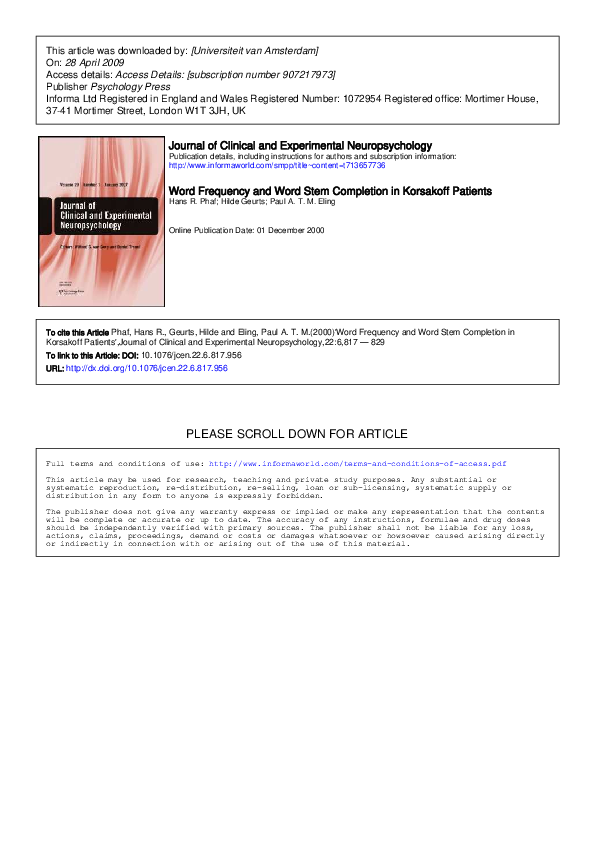 (PDF) Word Frequency and Word Stem Completion in Korsakoff Patients