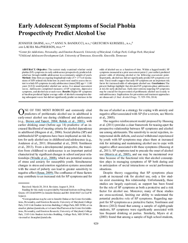 (PDF) Early Adolescent Symptoms of Social Phobia Prospectively Predict Alcohol Use