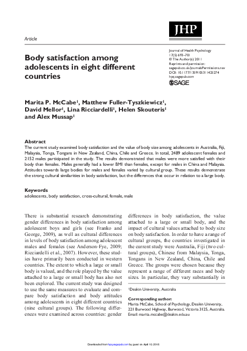 (PDF) Body satisfaction among adolescents in eight different countries