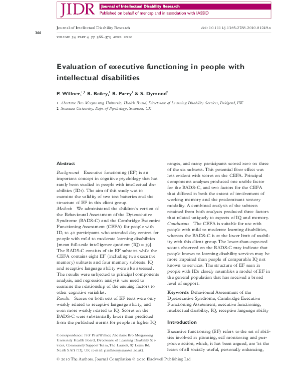 (PDF) Evaluation of executive functioning in people with intellectual ...