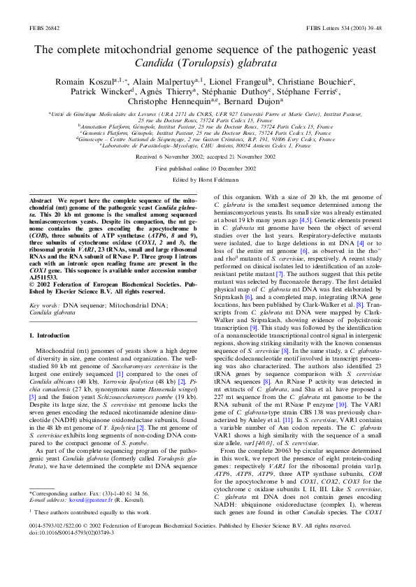 (PDF) The complete mitochondrial genome sequence of the pathogenic ...