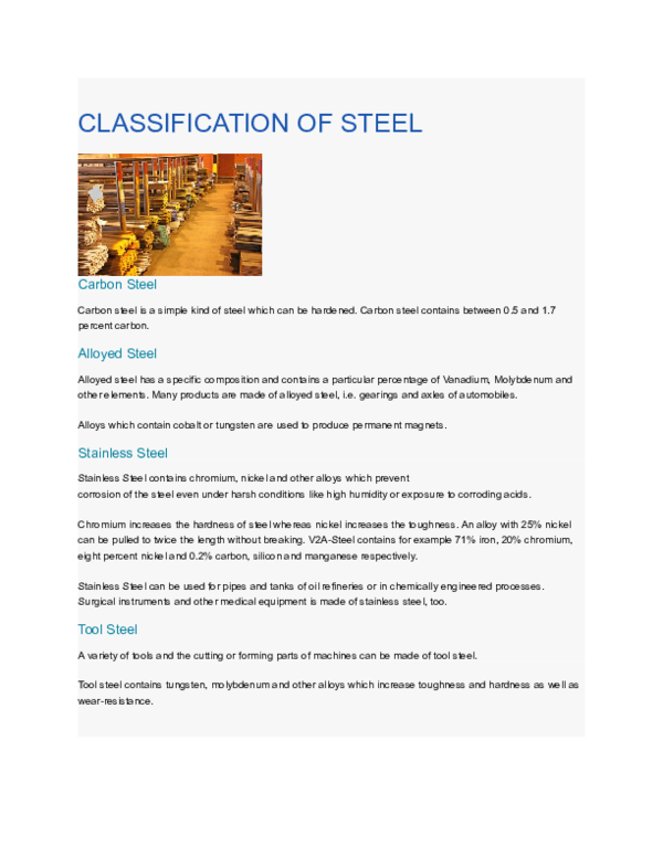 (DOC) CLASSIFICATION OF STEEL Carbon Steel