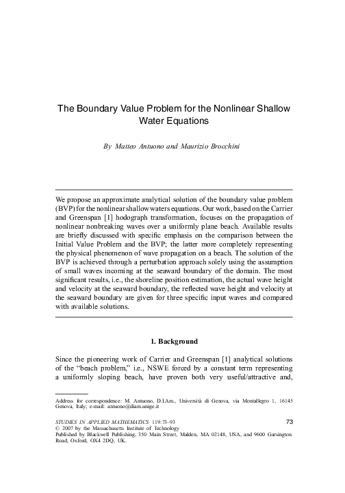 (PDF) The Boundary Value Problem for the Nonlinear Shallow Water Equations
