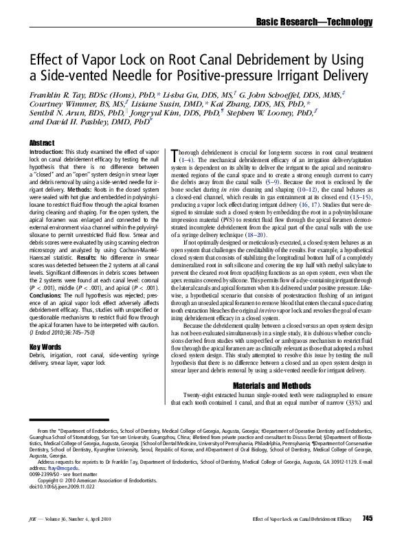 (PDF) Effect of vapor lock on root canal debridement by using a side-vented needle for positive ...