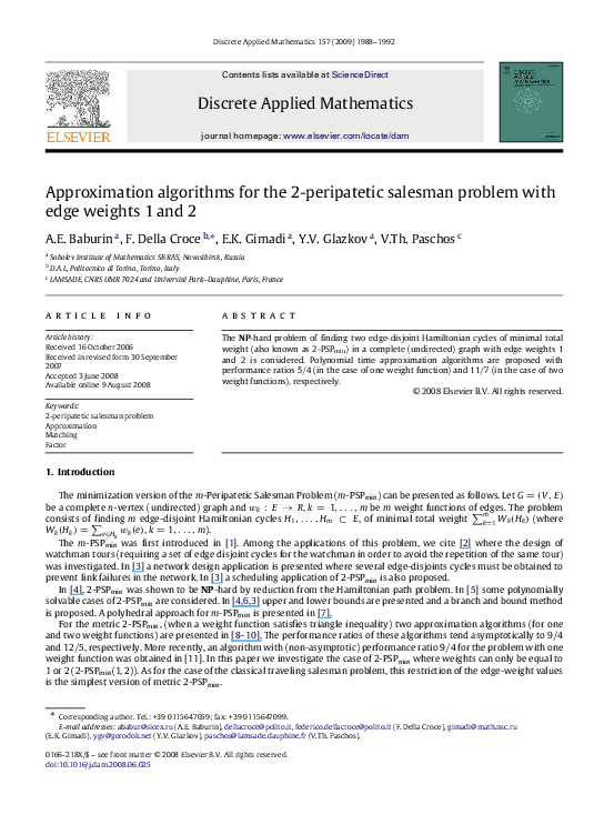 (PDF) Approximation algorithms for the 2-peripatetic salesman problem with edge weights 1 and 2